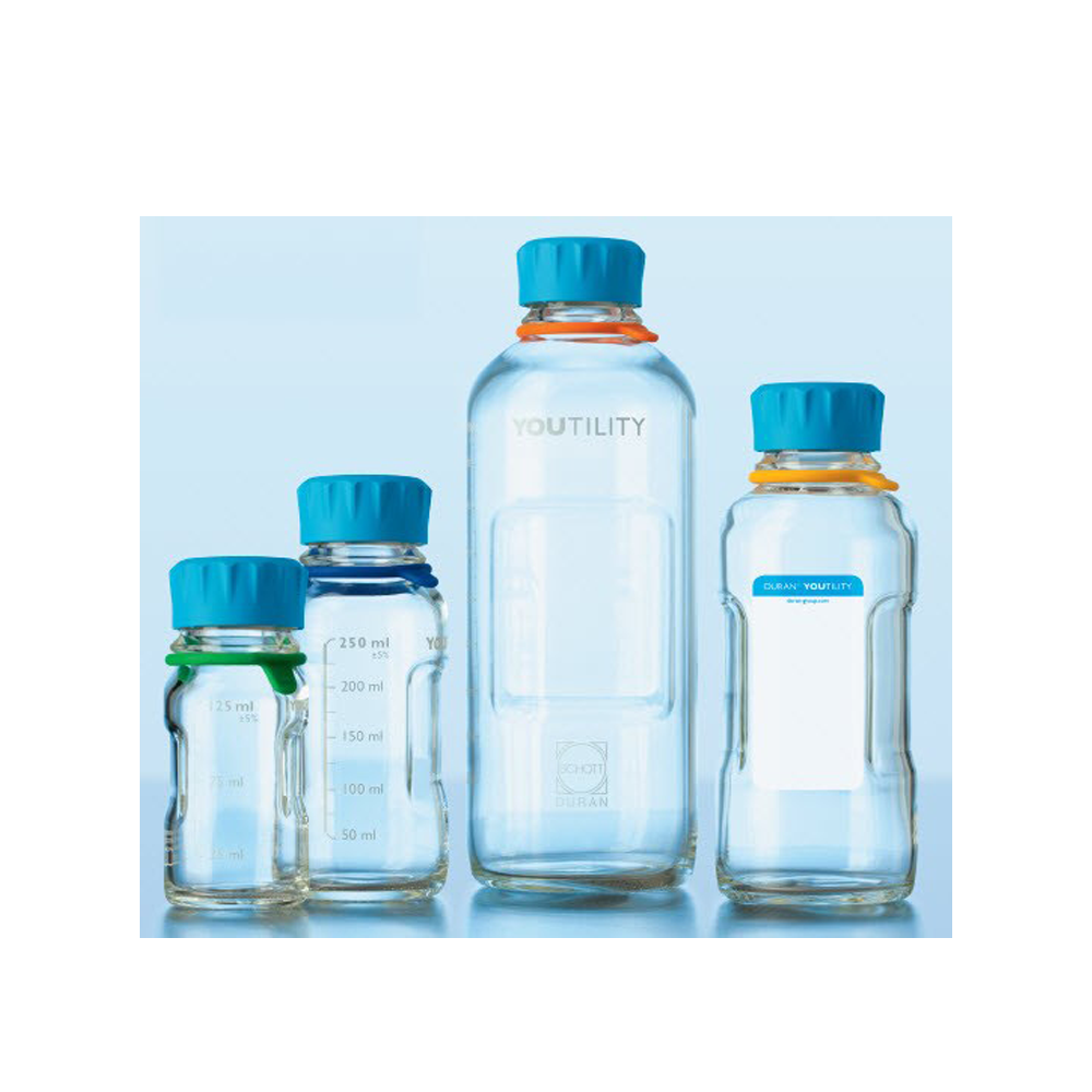 YOUTILITY bottle, amber, graduated, GL 45, with cyan screw-cap, pourin ...